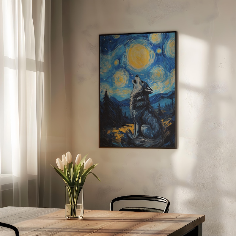 Starry Night Wolf Art Wall - Van Gogh Inspired Wolf Painting - Howling ...