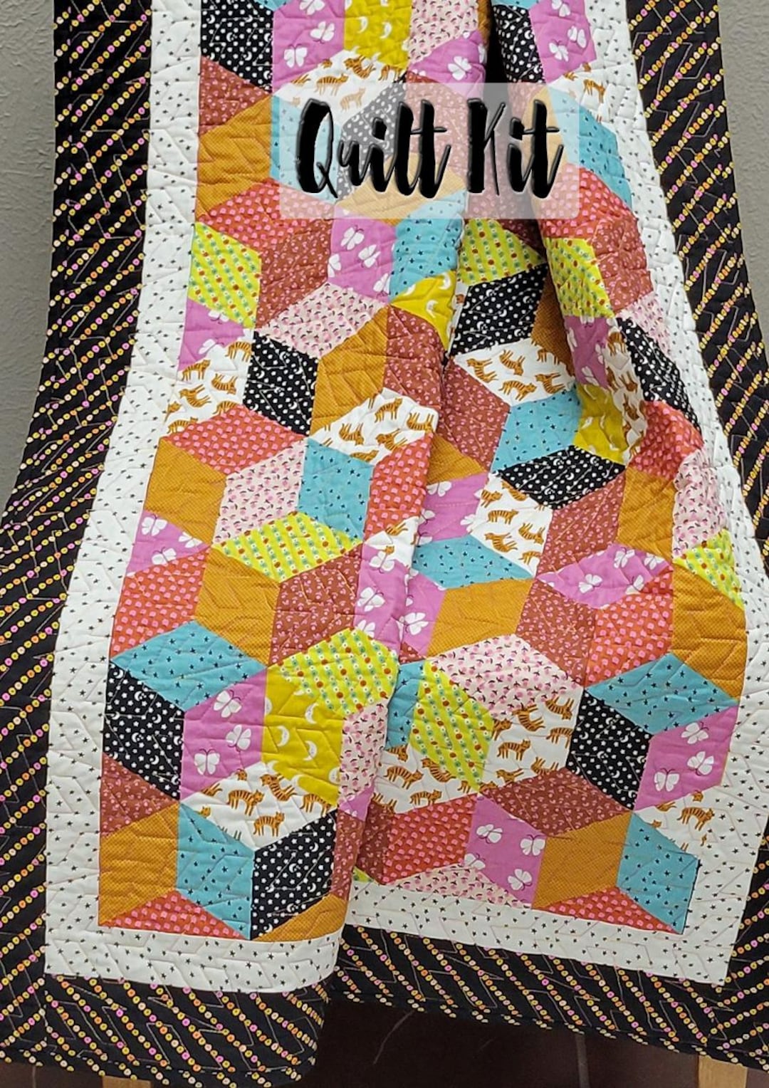Easy Quilt Kit, Beginner Quilt Kit, Tumbling Block Cheater Cloth Quilt ...