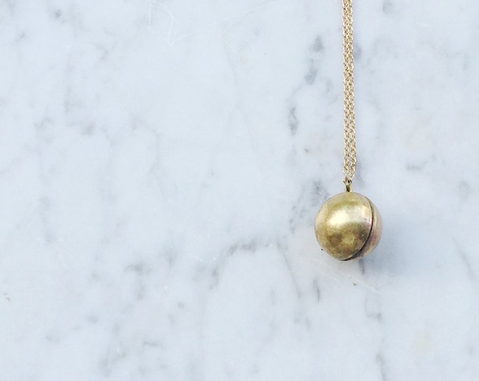 Minimalist Gold Ball Locket / Antiqued Brass Pendant on Copper Chain ...