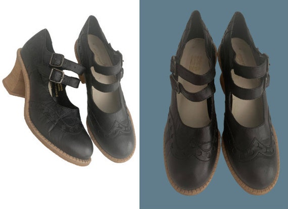 Mary Jane Wing Tip Shoes Black Leather // 1970s Rubbe… - Gem