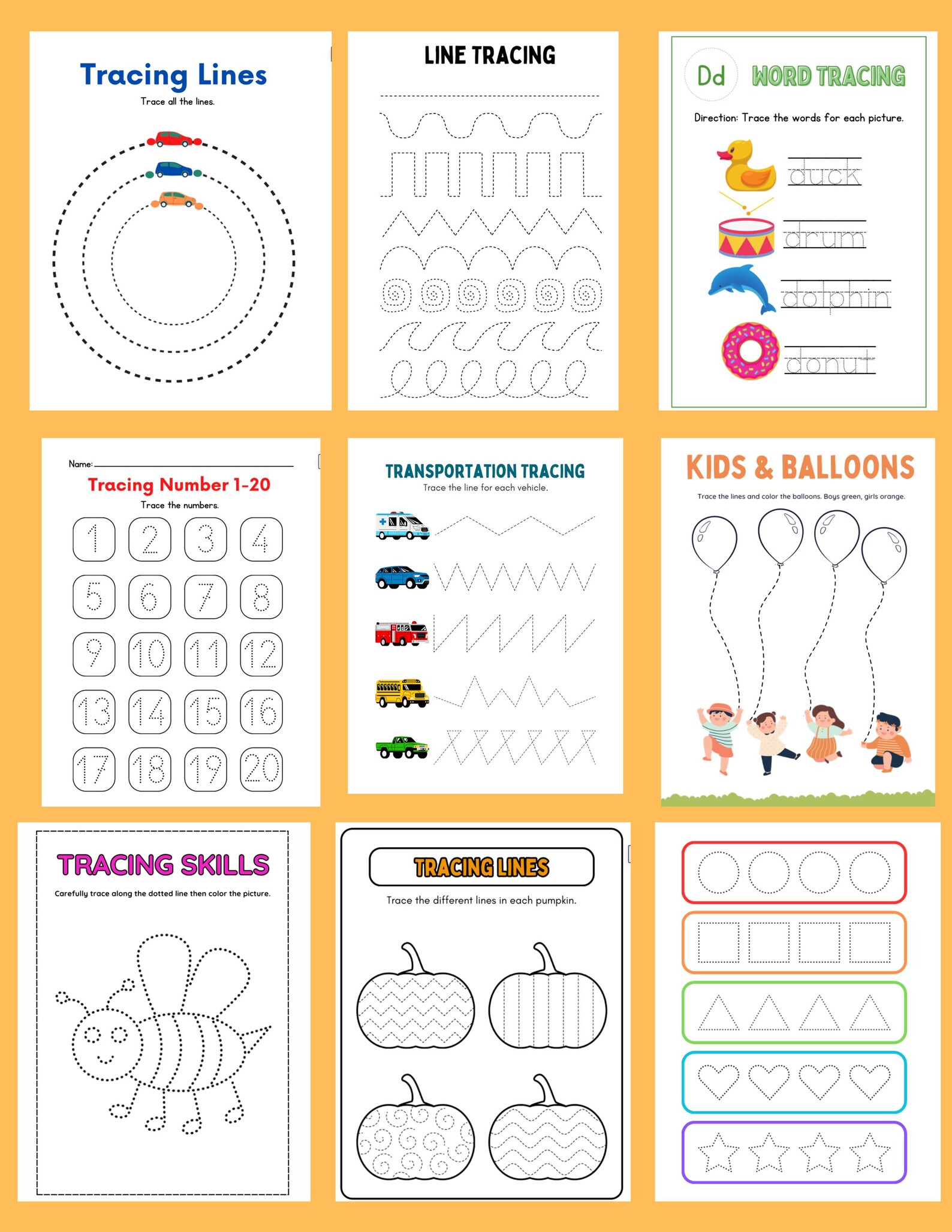 50 Line Tracing Worksheets for Kids | Line Tracing Printables | ABC Words Tracing | School ...