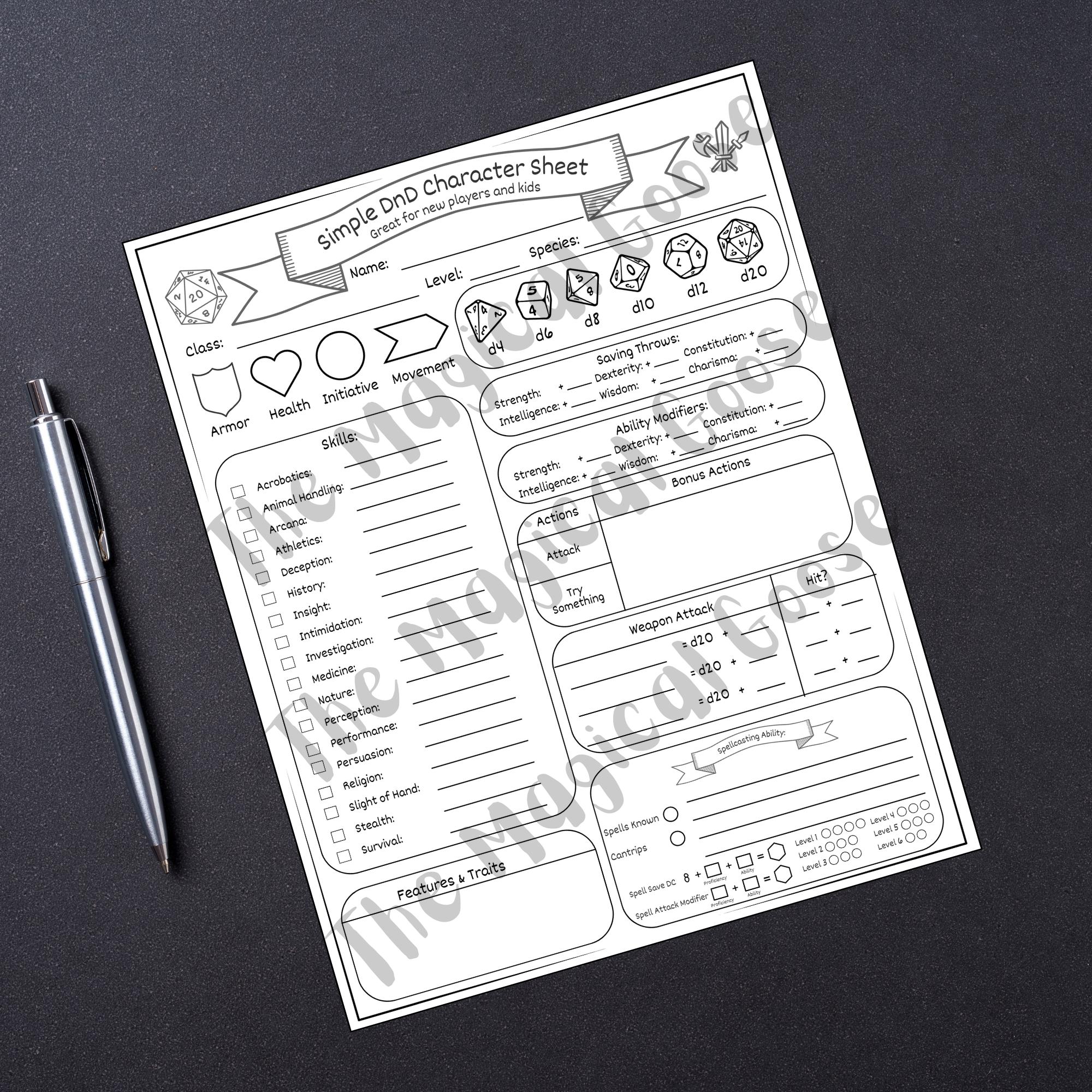 Dnd Simple Character Sheet | New Players | Kids | Easy | Dungeons and ...