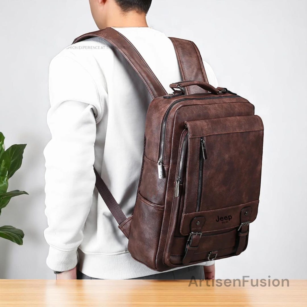 Men's Leather Laptop Backpack – 15.6" Business Travel Bag, Large ...