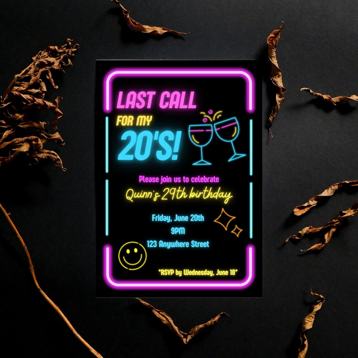 Last Call for My 20's! Neon Birthday Invitation, 29th Birthday ...