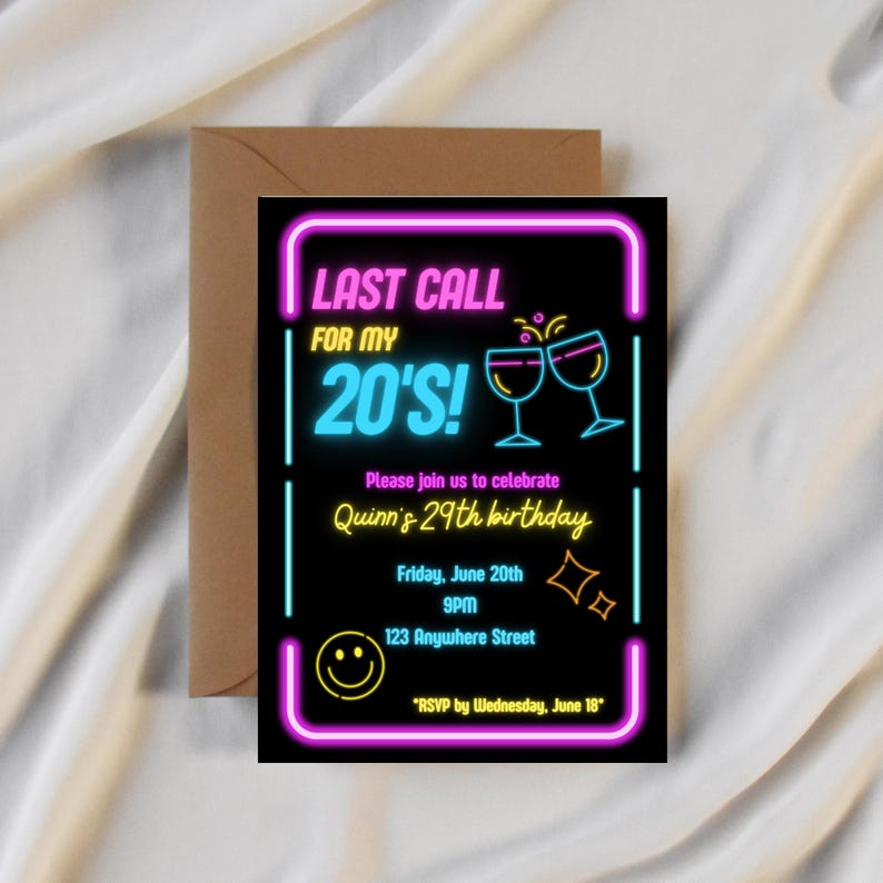 Last Call for My 20's! Neon Birthday Invitation, 29th Birthday ...