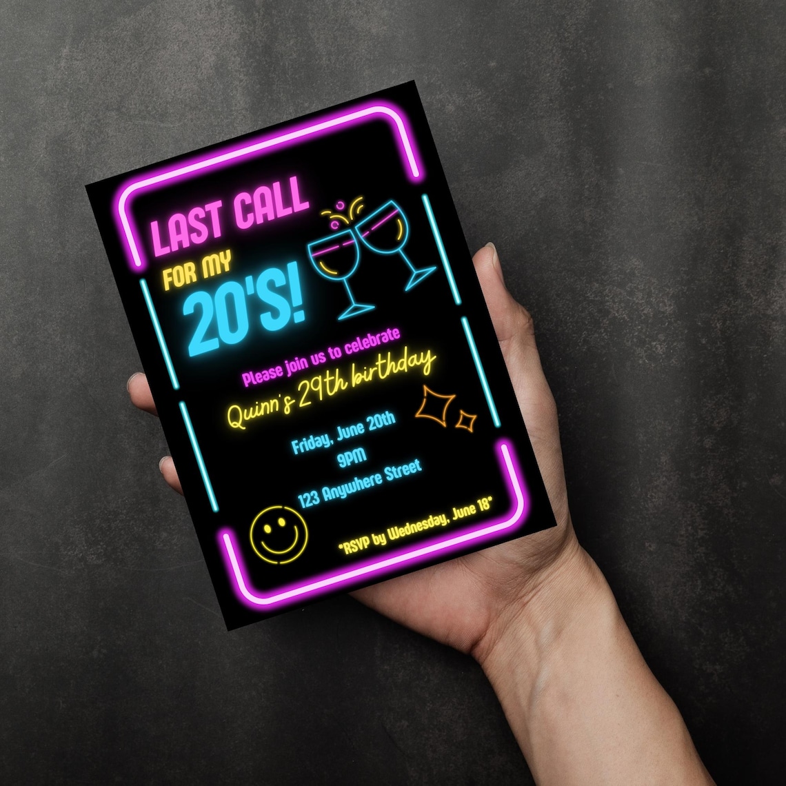 Last Call for My 20's! Neon Birthday Invitation, 29th Birthday ...