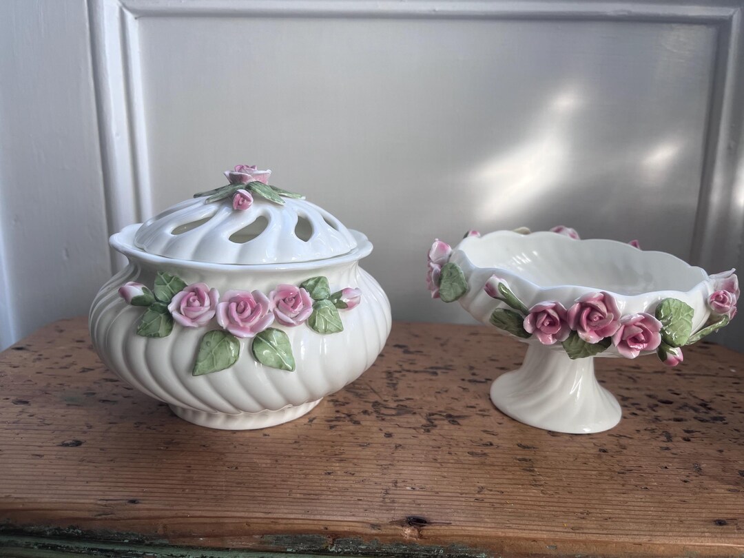 Rose Potpourri Jar and Posey Bowl, Vintage - Etsy