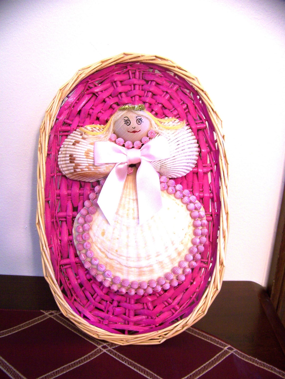 Seashell Angel Wall Decor: Girls Room, Magenta Wicker Tray, Nursery ...