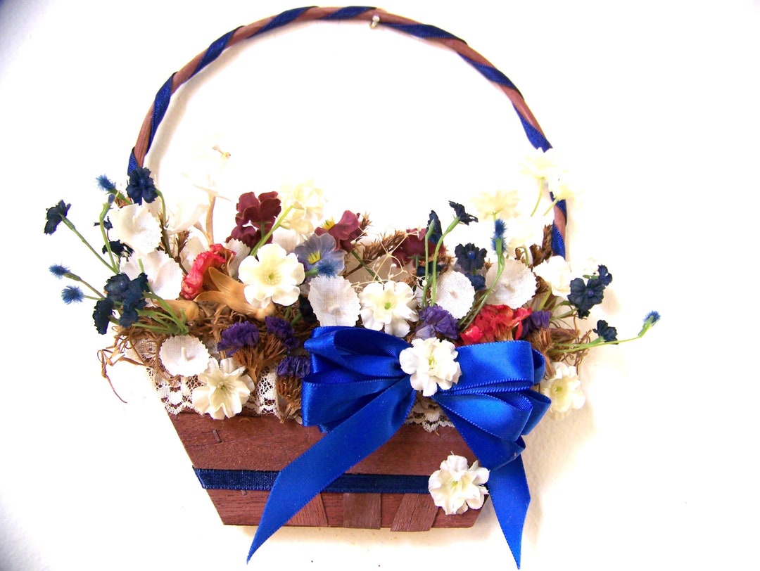 Royal Blue Flower Basket Wall Hanging: Dried & Silk Flowers, Wood ...