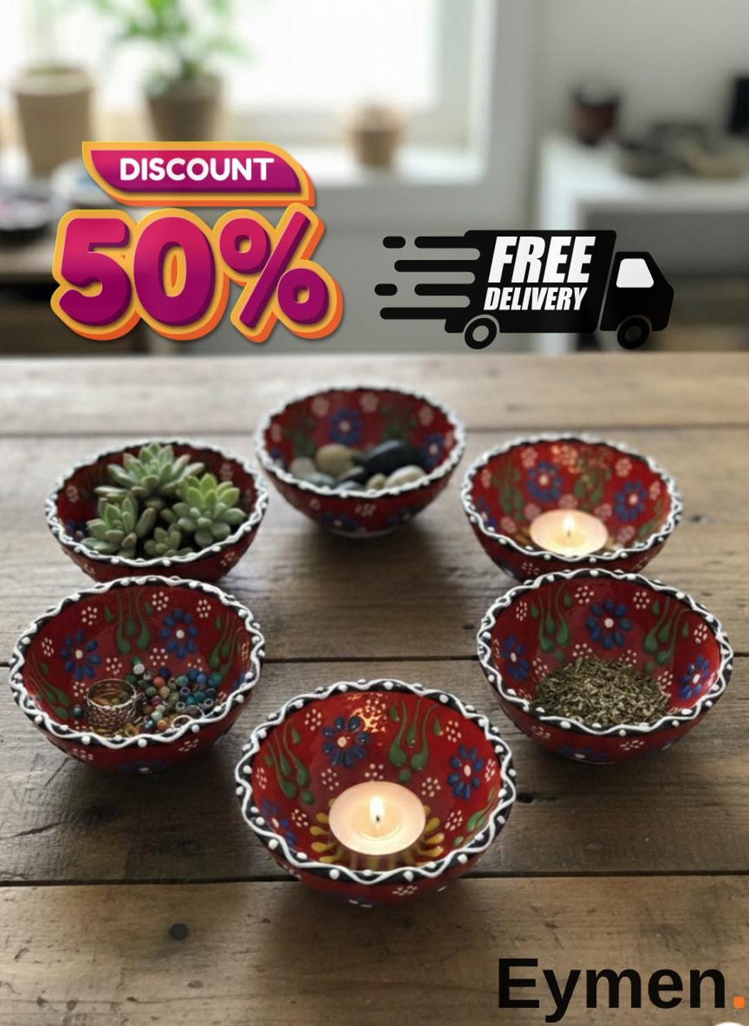 Handmade Ceramic Dipping Bowls: Floral Design Spices Dishes, Set of 6 ...