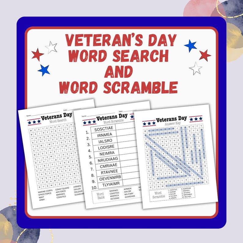 Veterans Day Word Search and Word Scramble | Marine Corps, Army, Navy ...