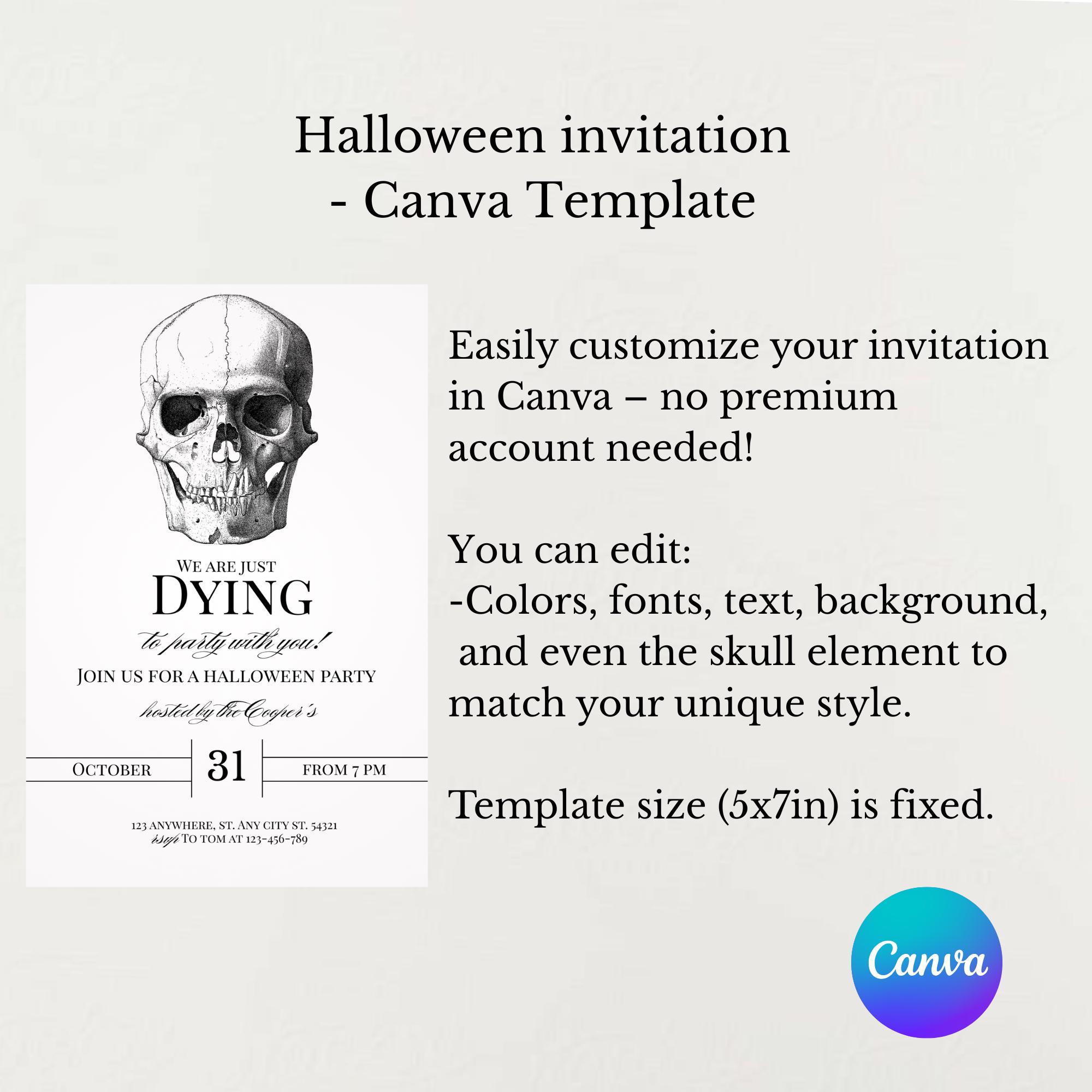 Editable Skull Halloween Party Invitation: Spooky 5x7 Card (digital ...