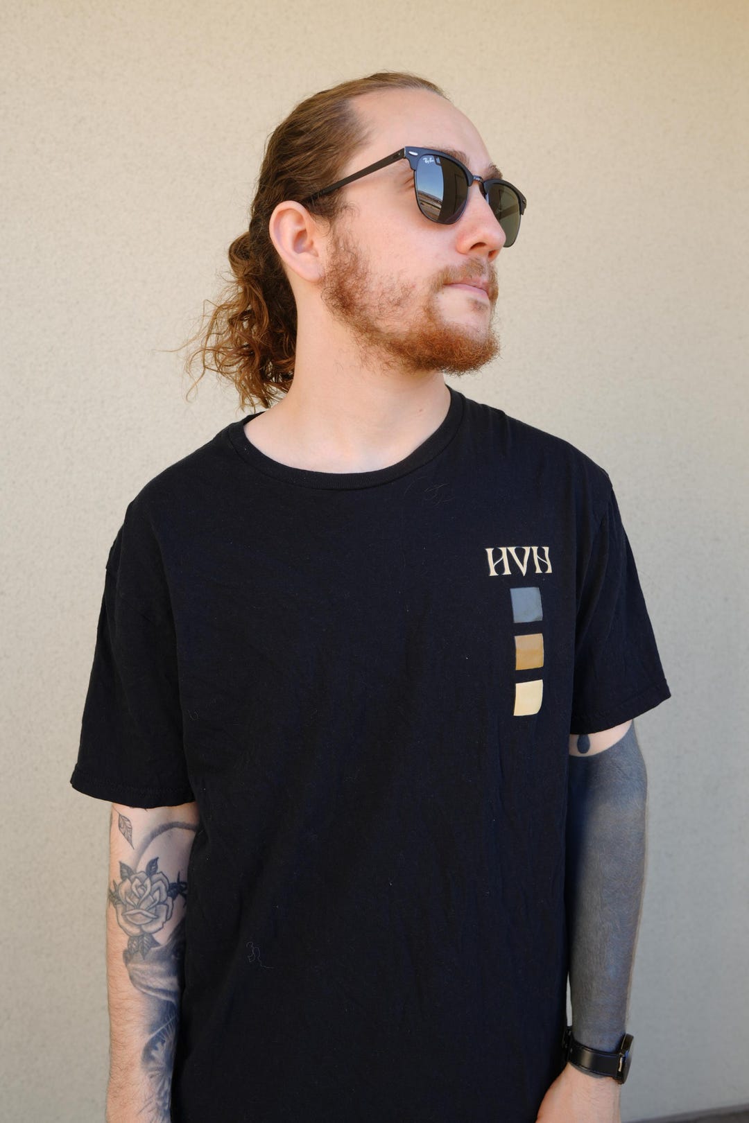 HVN Band T Shirt — Grid and Hand Design, Black Garment, Multi Colored ...