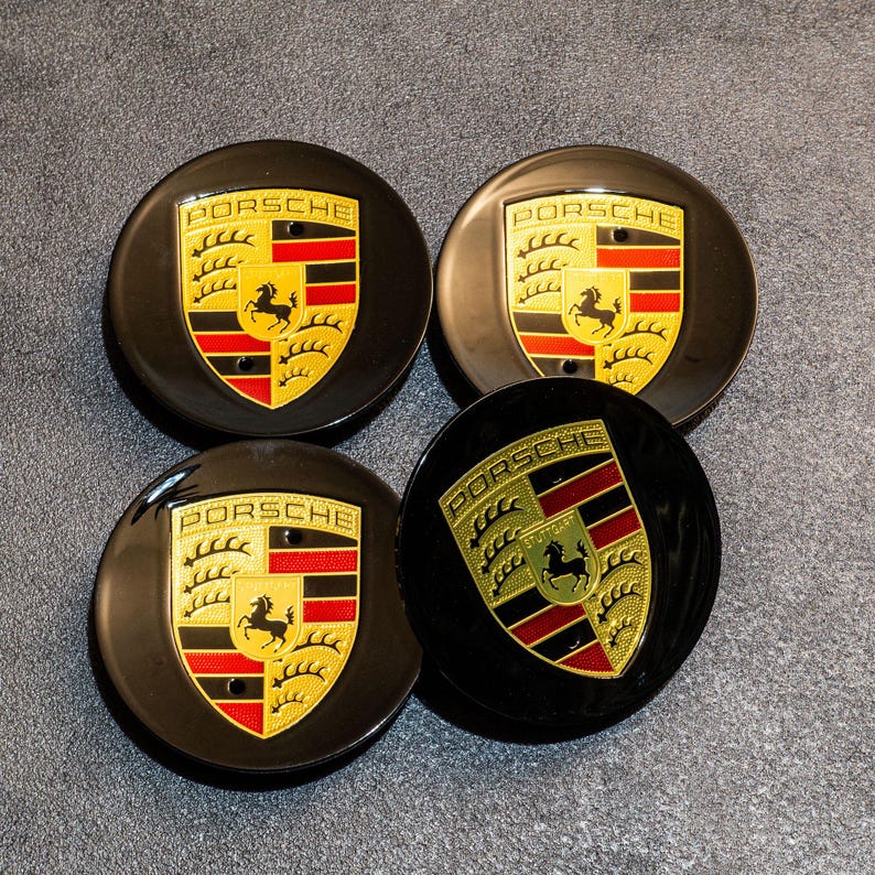 Set of 4 Porsche Wheel Center Caps 76mm - Gloss Black With Gold Crest ...