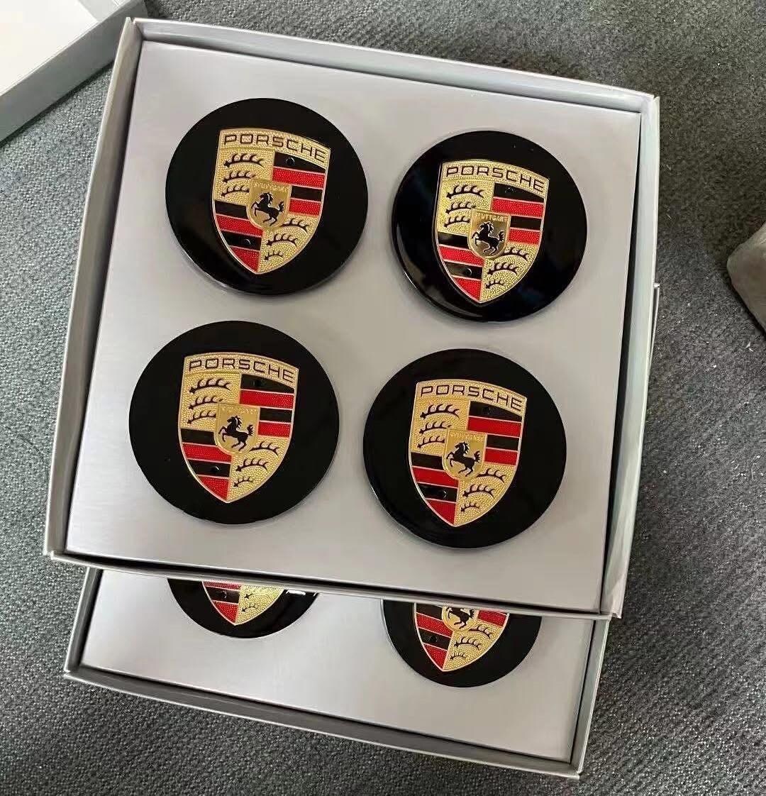 Set of 4 Porsche Wheel Center Caps 76mm - Gloss Black With Gold Crest ...