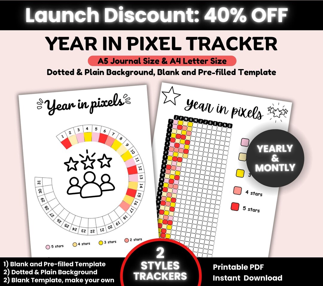 Year in Pixels Printable, Daily Tracker, Daily Mood Tracker, Rate My ...