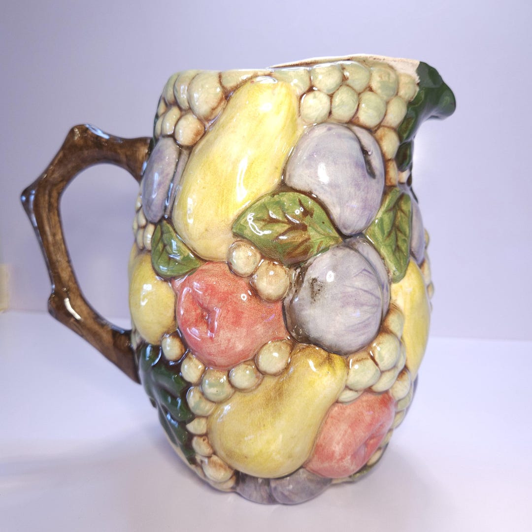Vintage Majolica Pitcher. Fruit Design Relief. 8 Inch Tall Ceramic ...