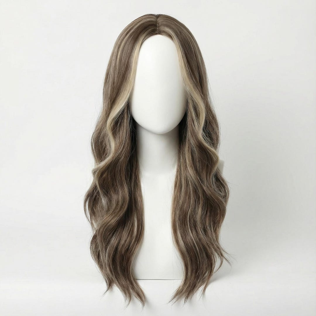 Highlighted Brown Wavy Wig With Blonde Money Piece Face Frame, 20 Inch ...