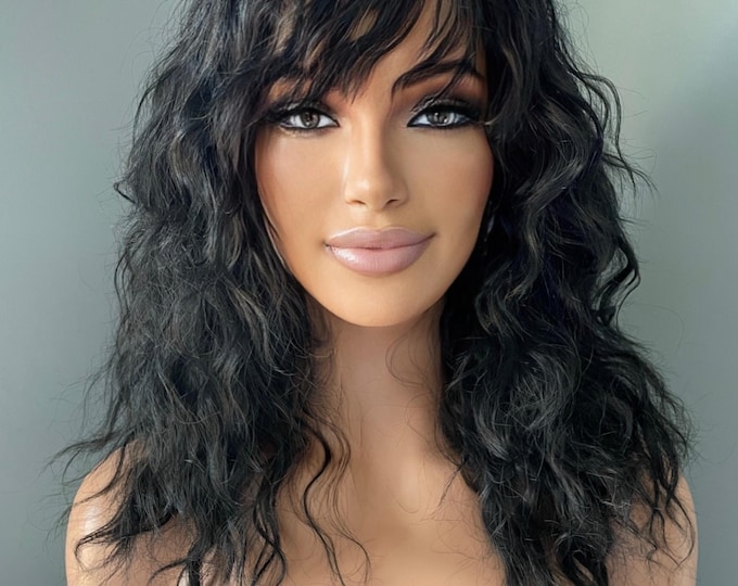 Black Curly Wig With Bangs | 18 Inch 80s | Curled Retro Costume Wig for ...