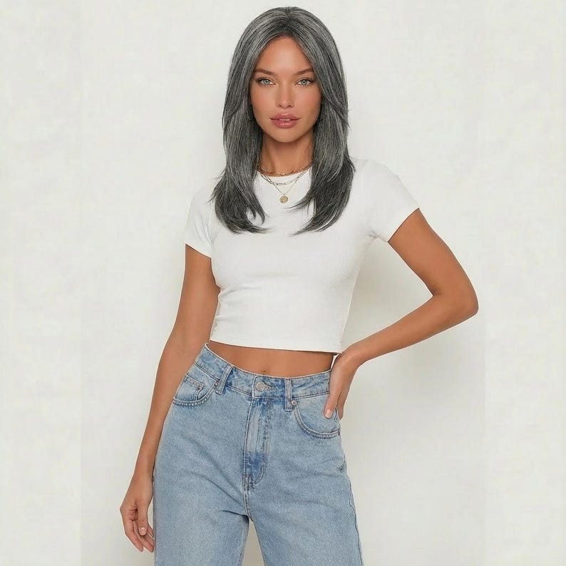 Grey Wig 16 Inch Layered Silver Wig Ash Grey Straight Shoulder Length ...