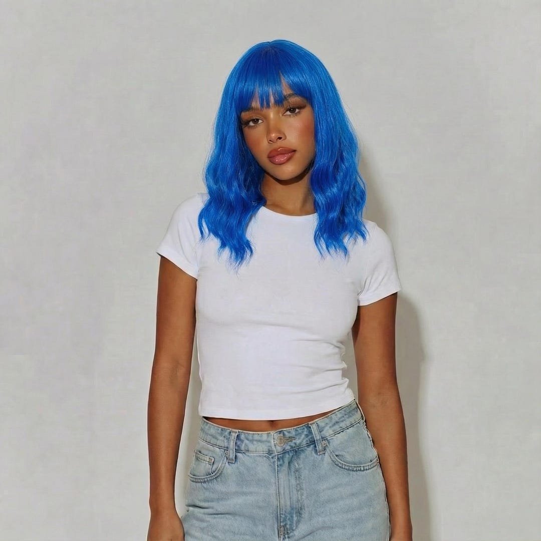 Short Blue With Bangs 14 Inch Vibrant Costume Wig for Women Electric ...