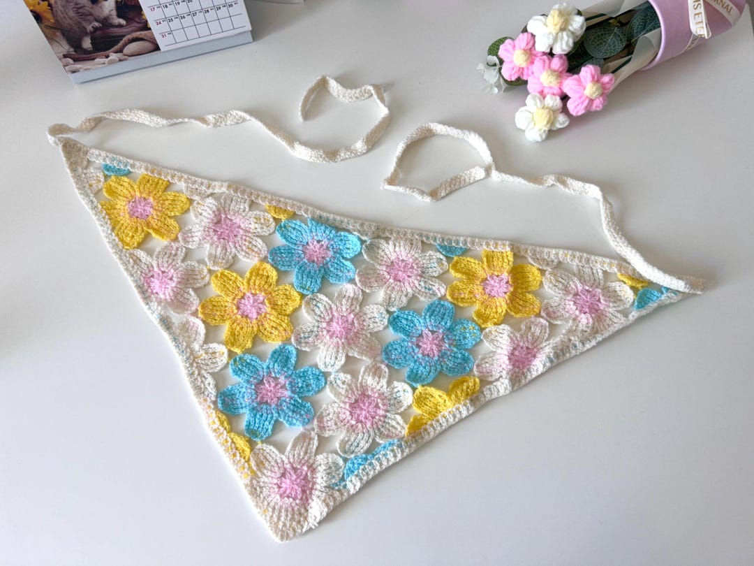 Floral Colorful Crochet Bandana, Hair Scarf, Cottage Core Bandana ...