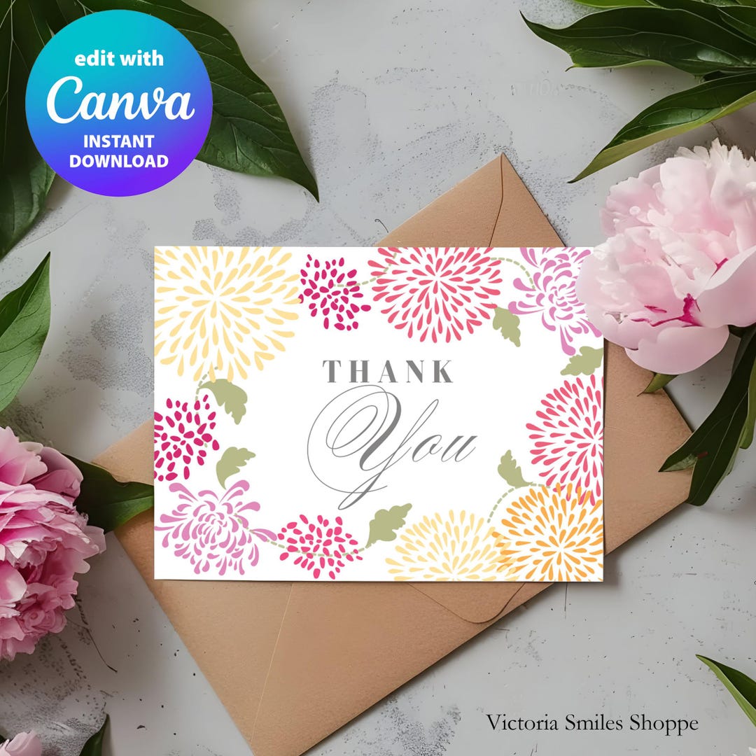 Editable Mums Floral Birthday Party Thank You Card 5" X 3.5" - Etsy
