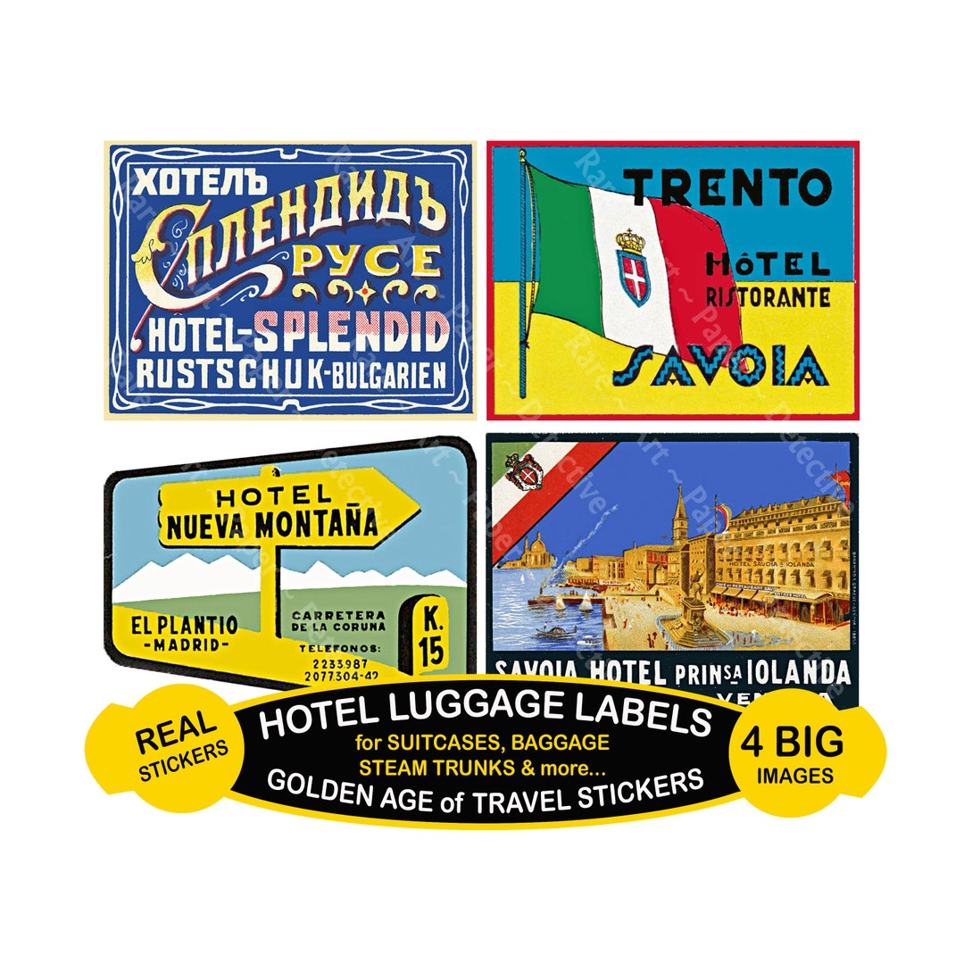 Hotel Luggage Label STICKERS, 4 JUMBO Sized Suitcase Decals on a Cut ...
