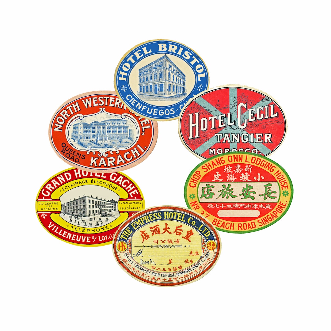 Luggage Stickers, Steamer Trunk Labels, 6 Big & Colorful Golden Age of ...