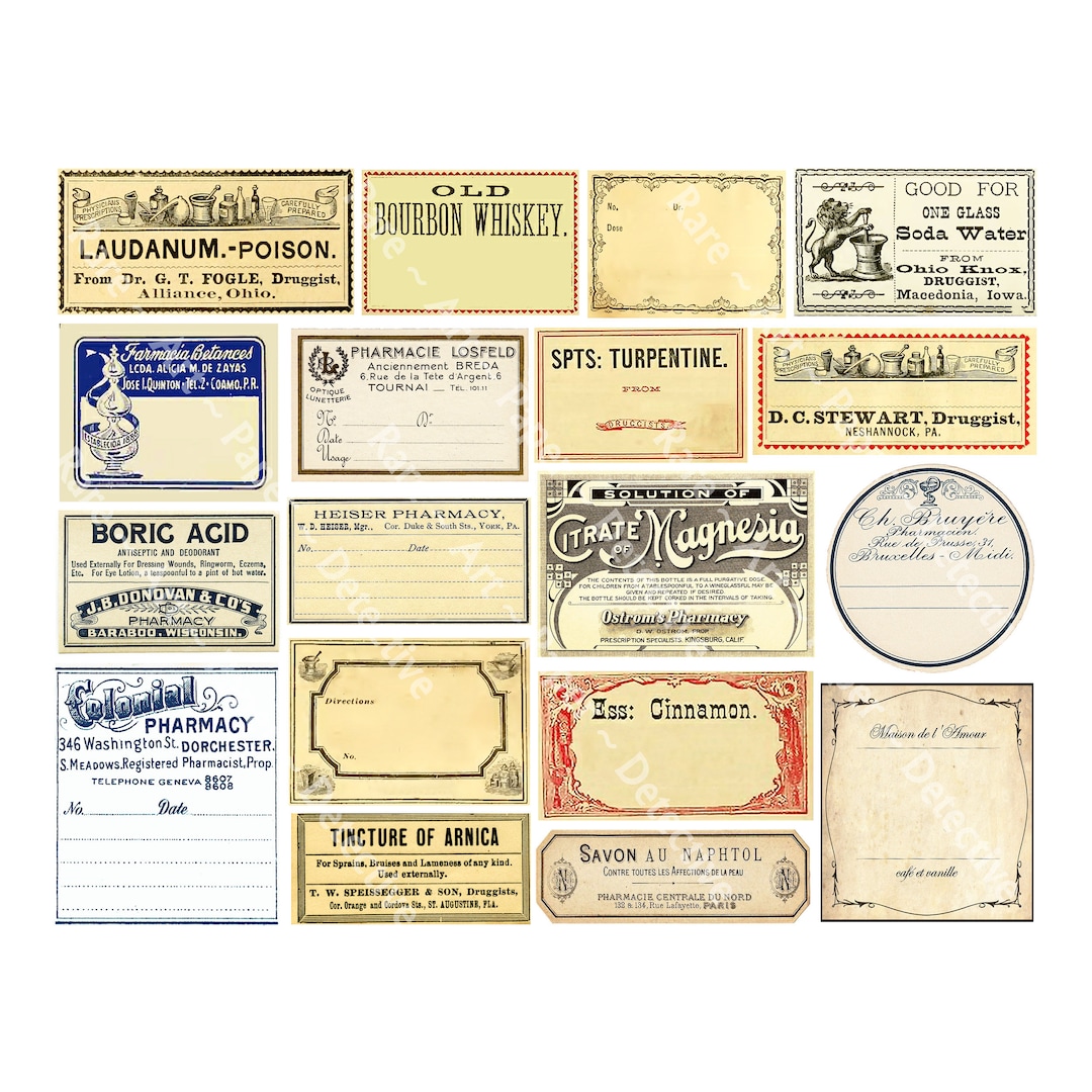 Antique Apothecary Label Sticker Sheet Medicine Bag Pharmacy Pill Bottle Labels, Vintage ...