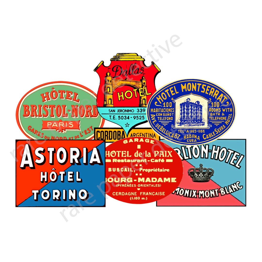 Hotel Label Stickers, Luggage Labels, Set of 6 Colorful Golden Age of ...