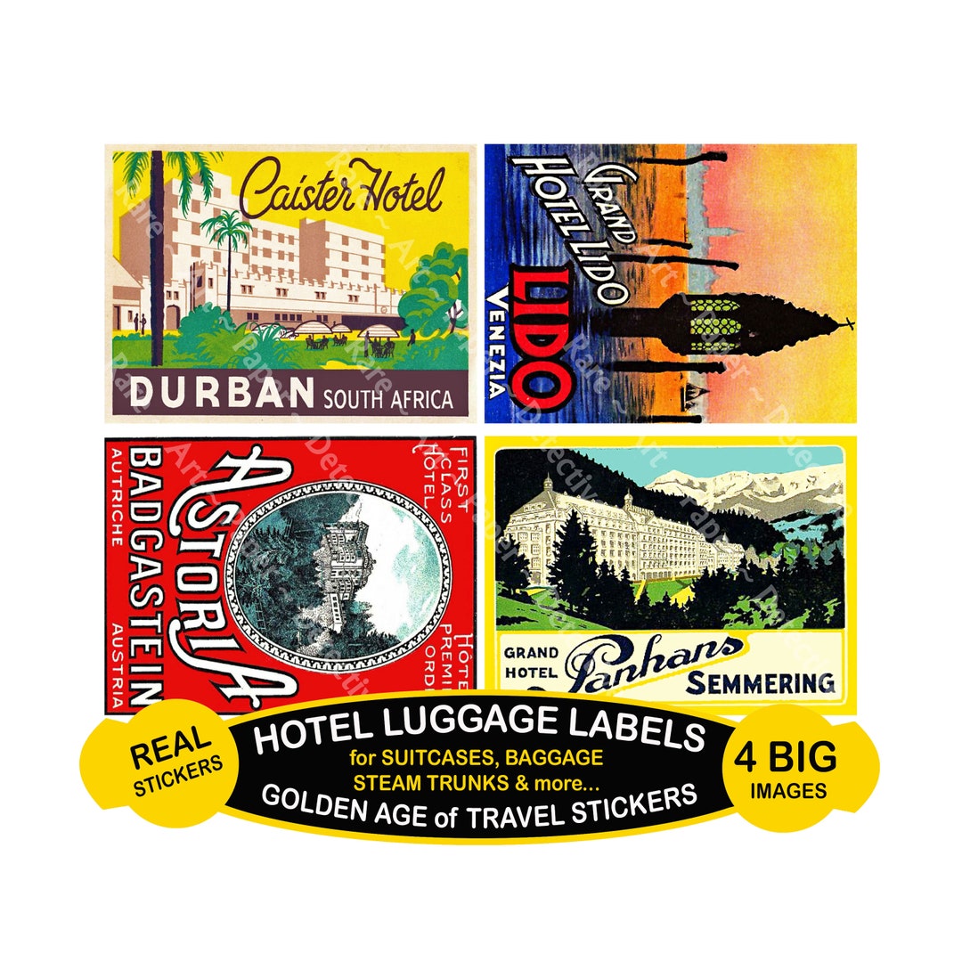 Suitcase Decal STICKERS, 4 JUMBO Sized Hotel Baggage Labels on a Cut ...