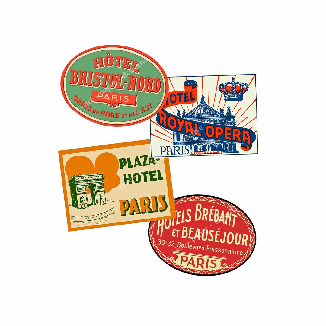 Paris Travel Stickers, Luggage Labels, Set of 4 Big & Colorful Golden ...