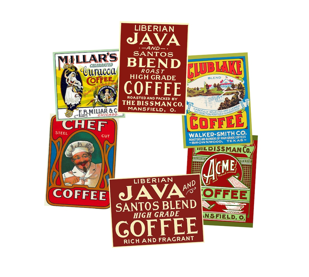 Coffee Can & Java Label Art Stickers, Kitchen Gift Set, 6 Big Colorful ...
