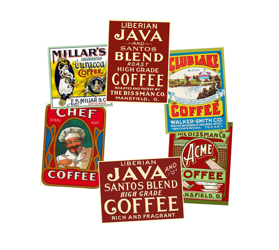 Coffee Can & Java Label Art Stickers Kitchen Gift Set 6 Big - Etsy