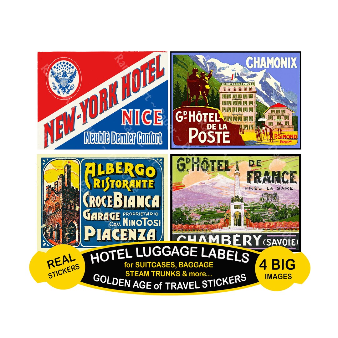 Hotel Luggage Label STICKERS, 4 JUMBO Sized Suitcase Decals on a Cut ...