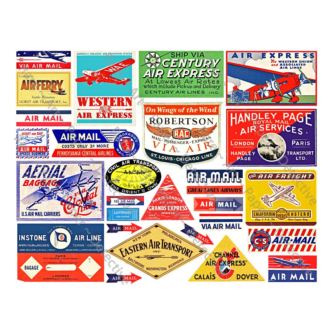 Air Mail Postage Stamps, Airline Labels, Cut & Peel Sticker Sheet ...