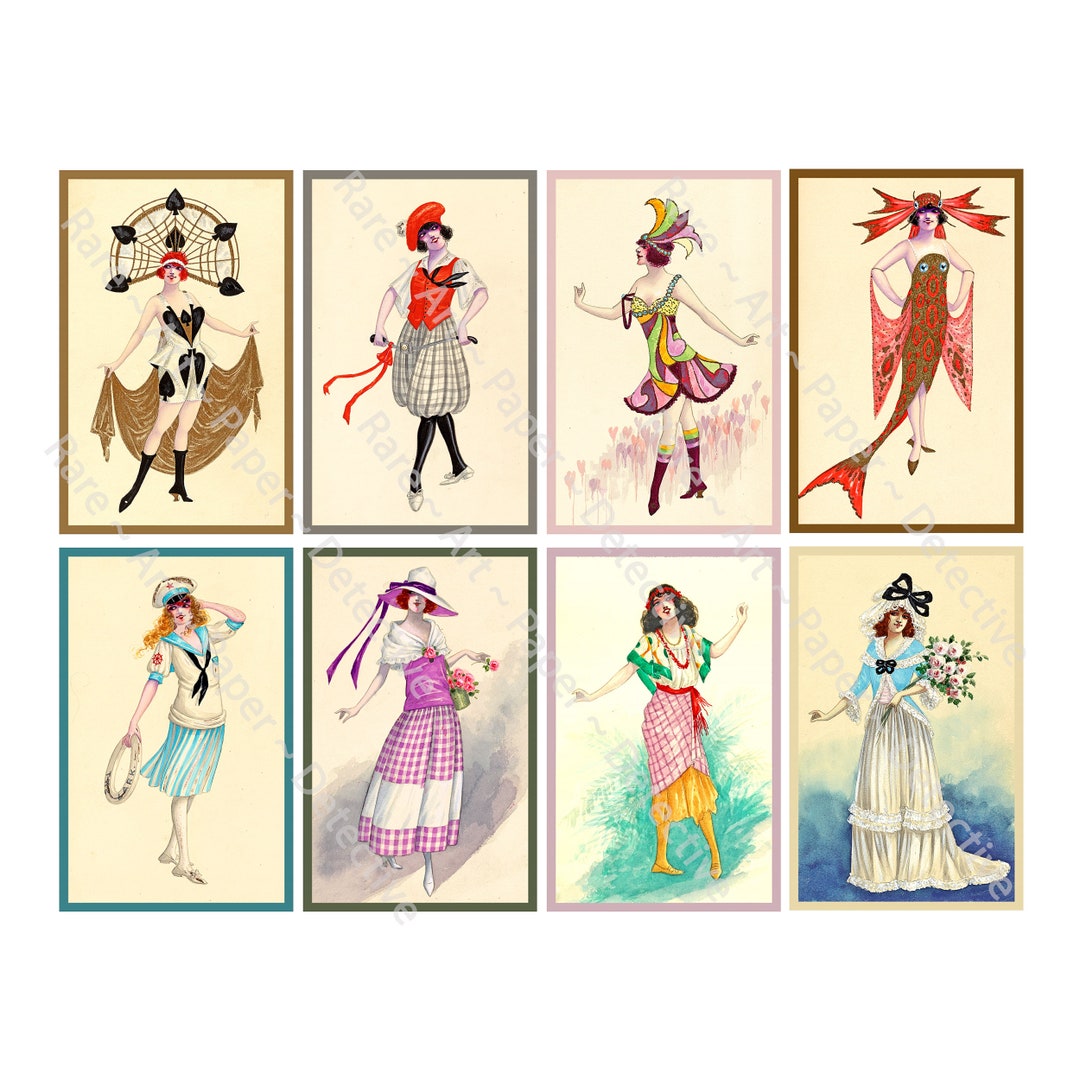 Costume Illustration Stickers Women in Whimsical Outfits Vintage ...