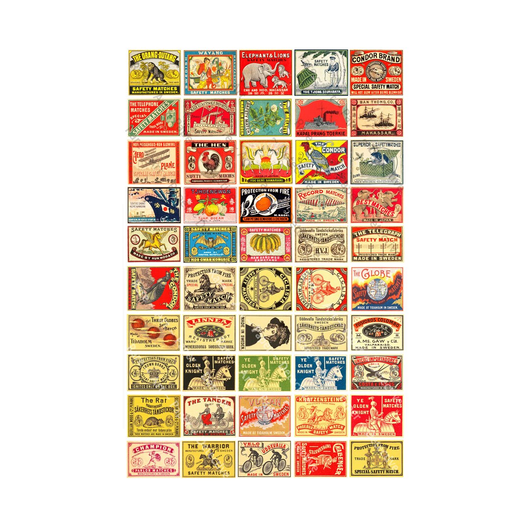 Sticker Assortment, 50 Pcs. Safety Match Label Set, Authentic Sizes, 2 ...