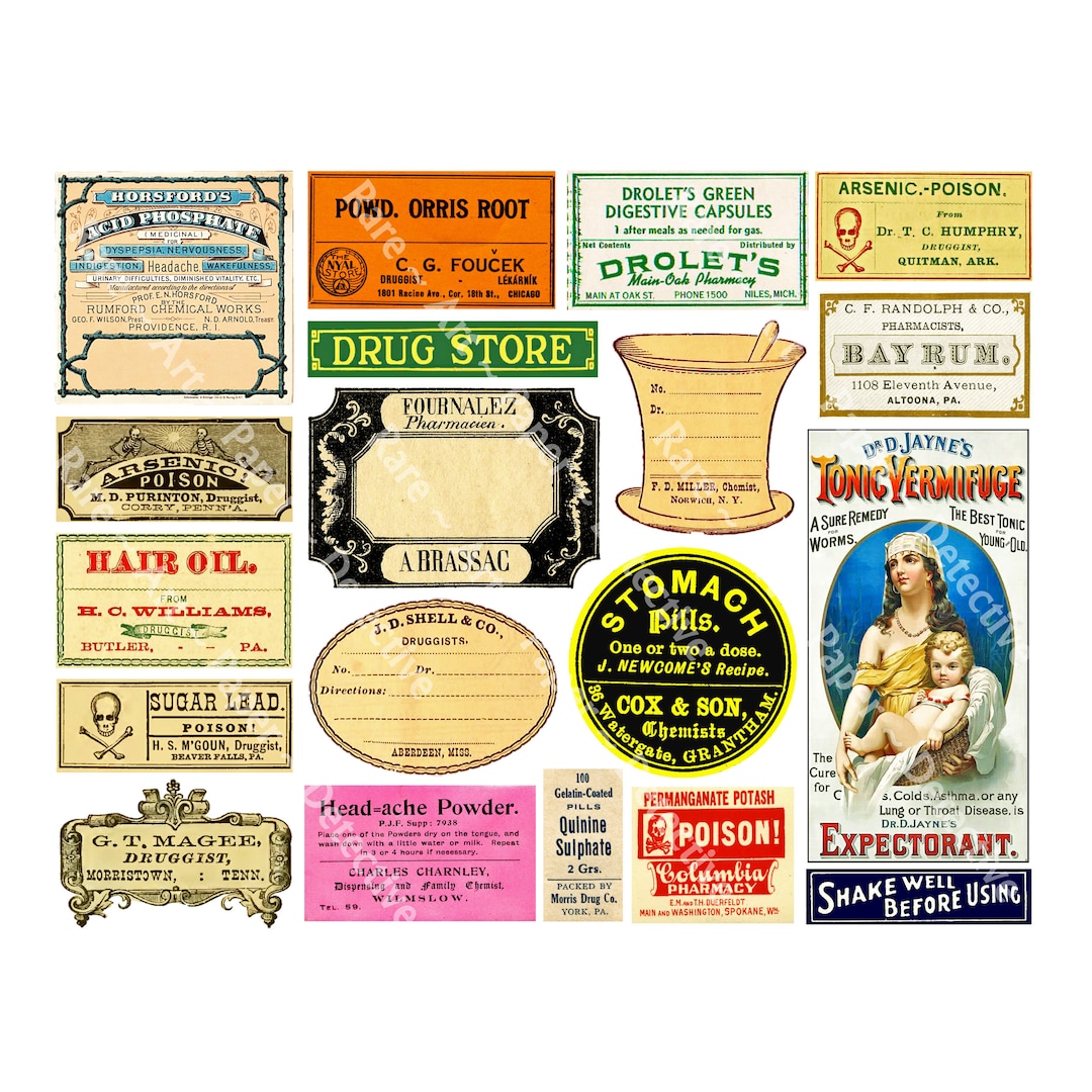 Medical Stickers, Old Fashioned Pharmacy Apothecary Poison Labels, 19 ...