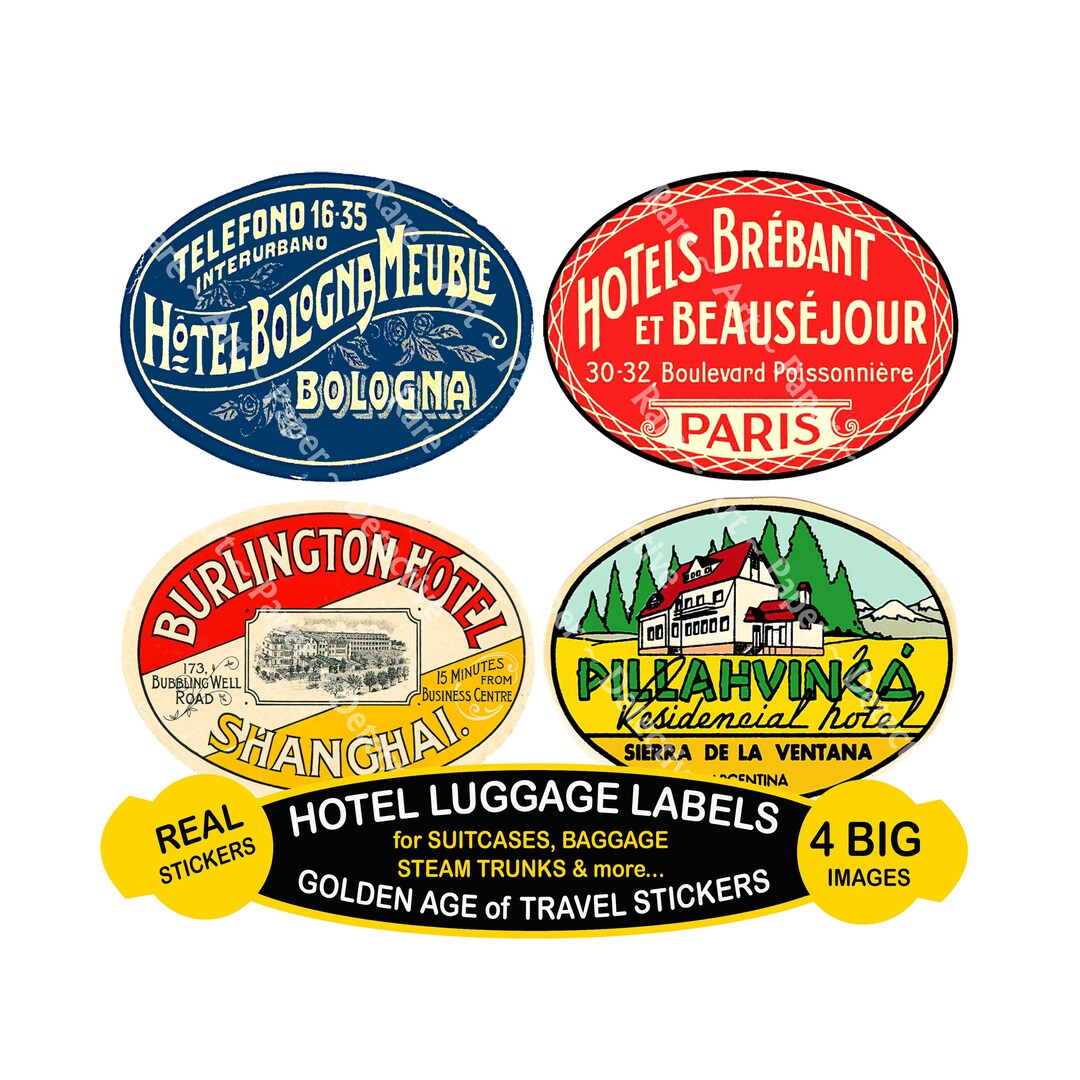 Luggage STICKERS, 4 JUMBO Sized Hotel Baggage Labels on a Cut and Peel ...