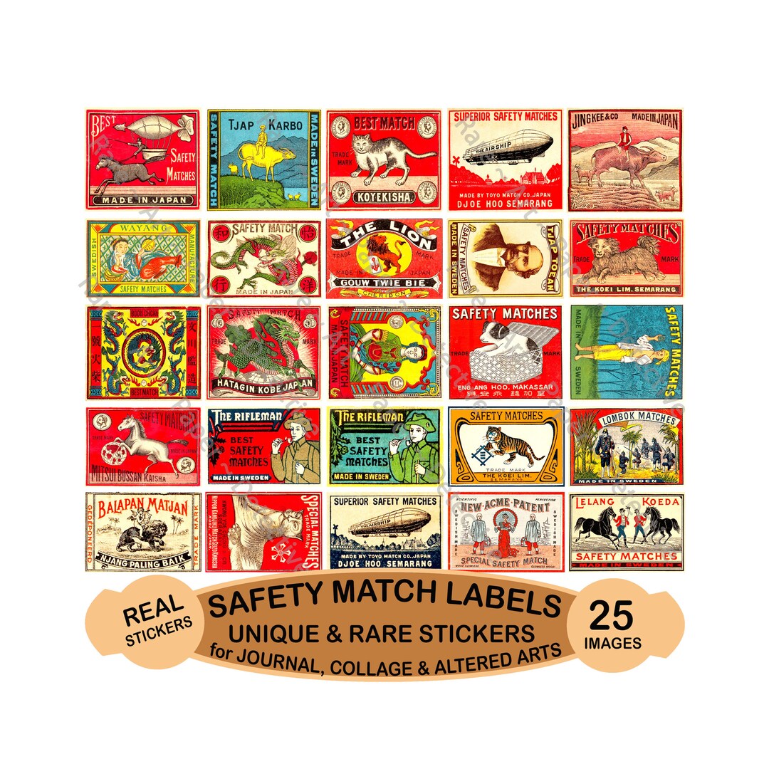 Safety Match Label Stickers, Authentic Sizes, 2" Wide Each, Matchbook ...