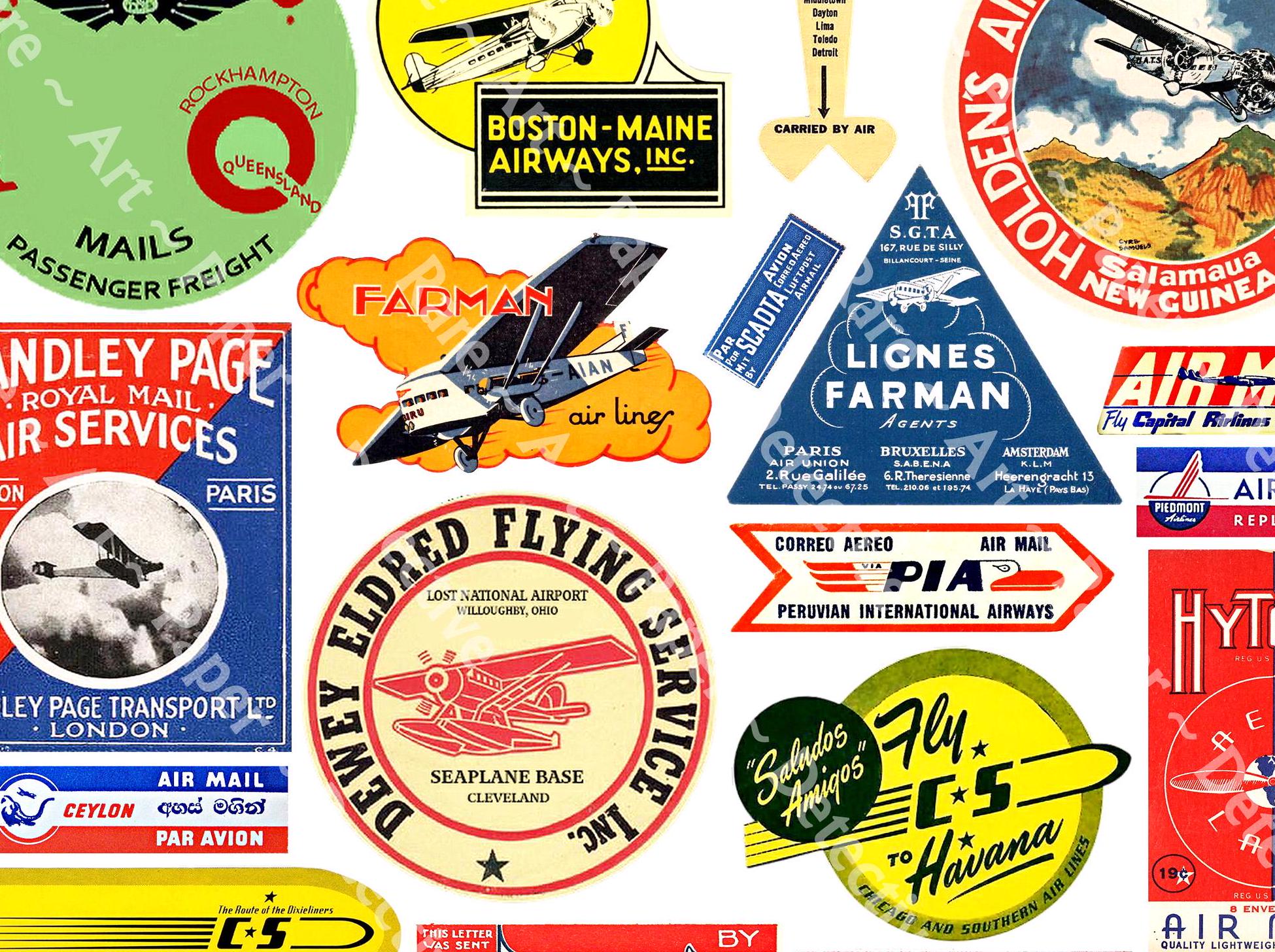Airline Label Sticker Sheet, Air Mail Stamps, Aviation Clip Art Tag ...