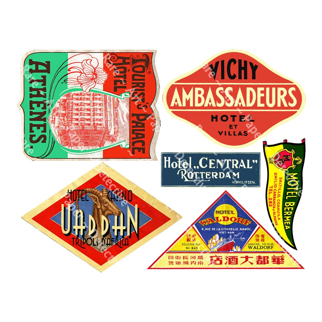 Hotel Luggage Label STICKERS, 6 Suitcase Decals on a Cut and Peel Sheet ...