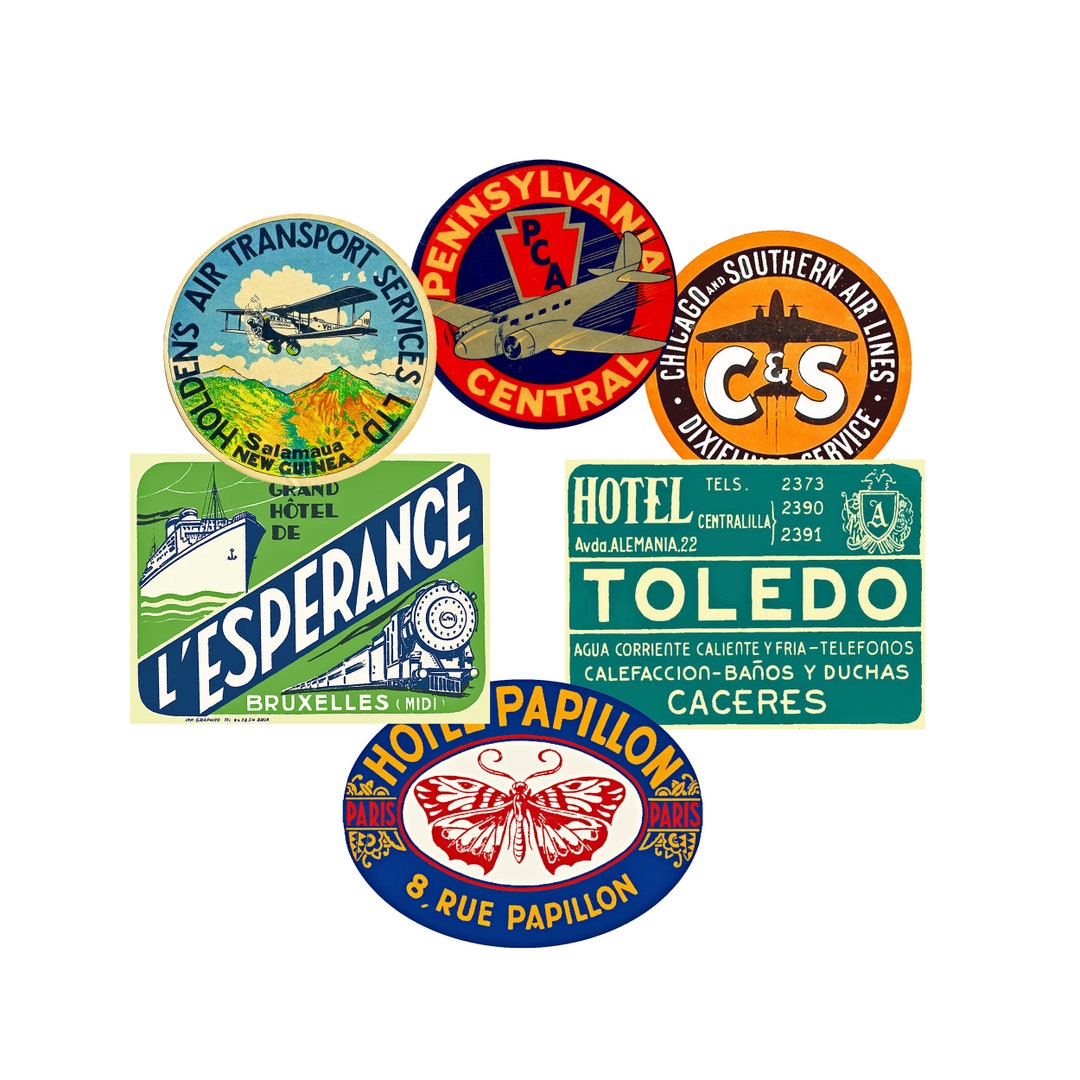 Luggage Stickers, Steamer Trunk Labels, 6 Big & Colorful Golden Age of ...
