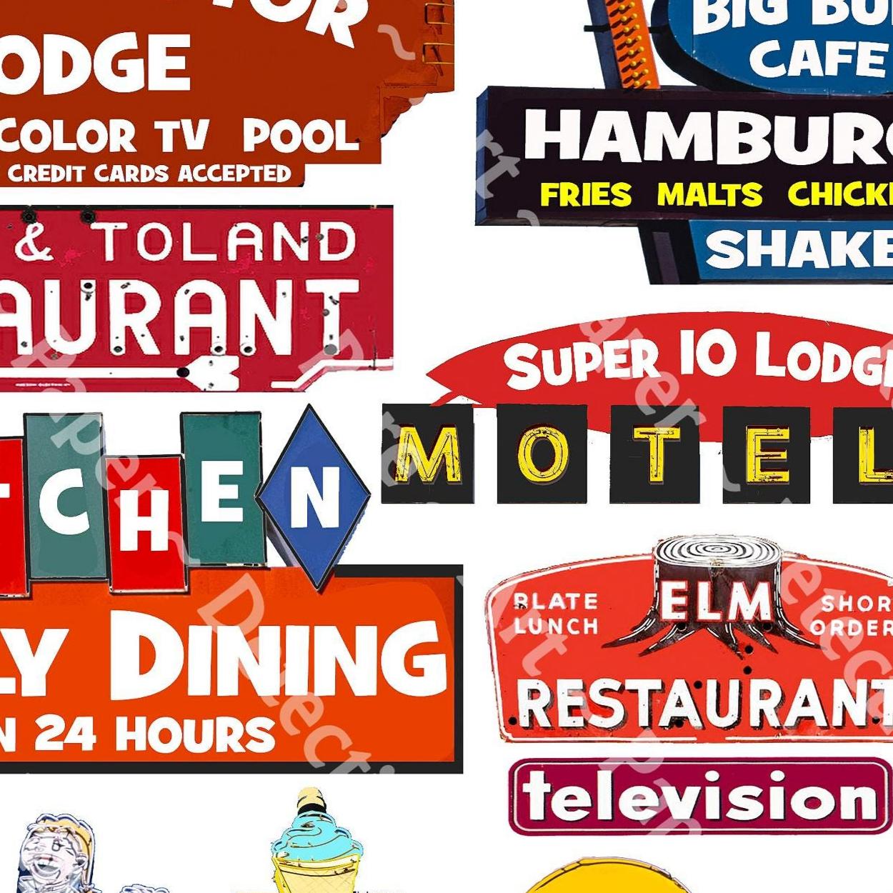 Retro Style Sign Stickers & Americana, Hotel and Roadway Signs for ...