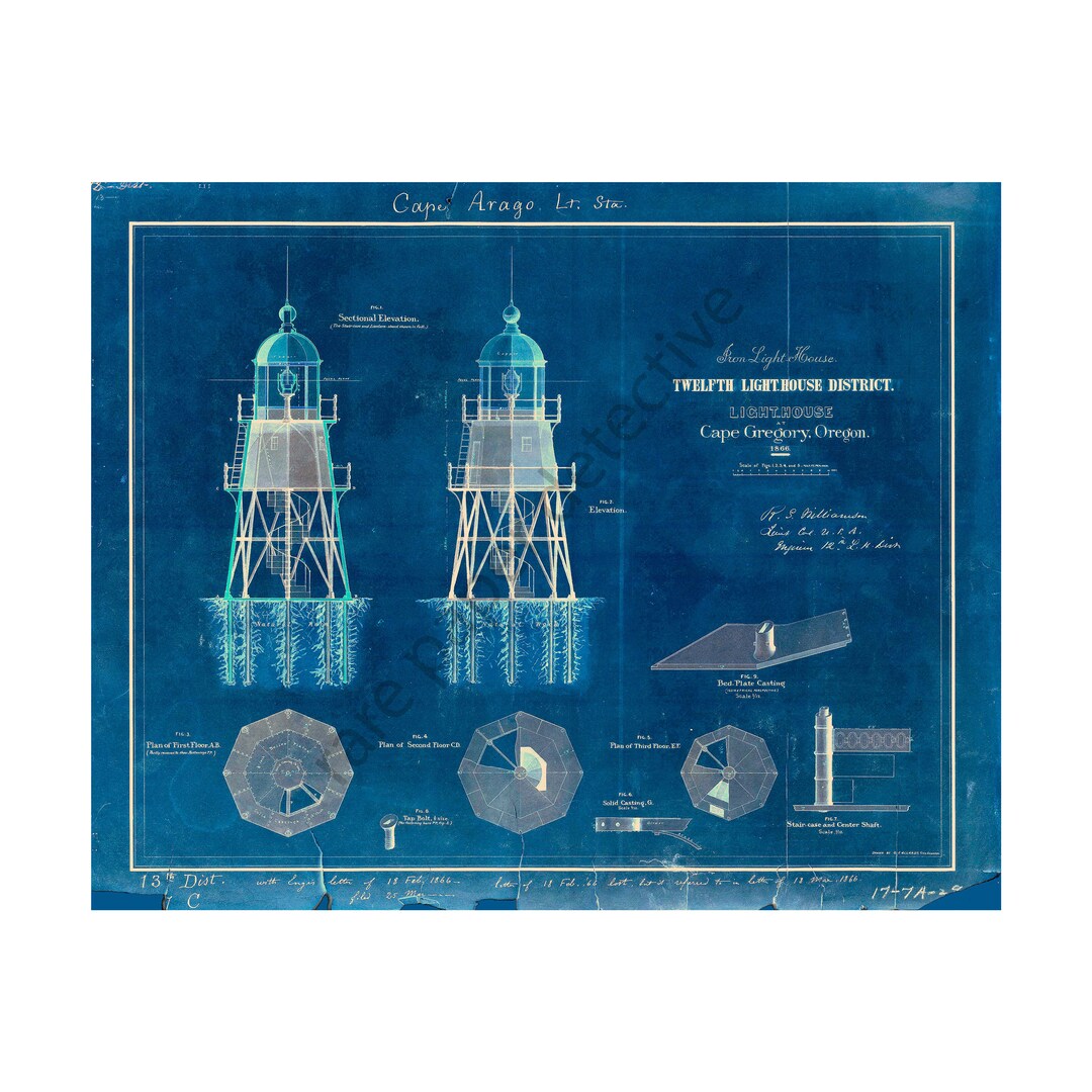 Lighthouse Blueprint, 8" X 10" Print, Antique Lighthouse Drawing ...