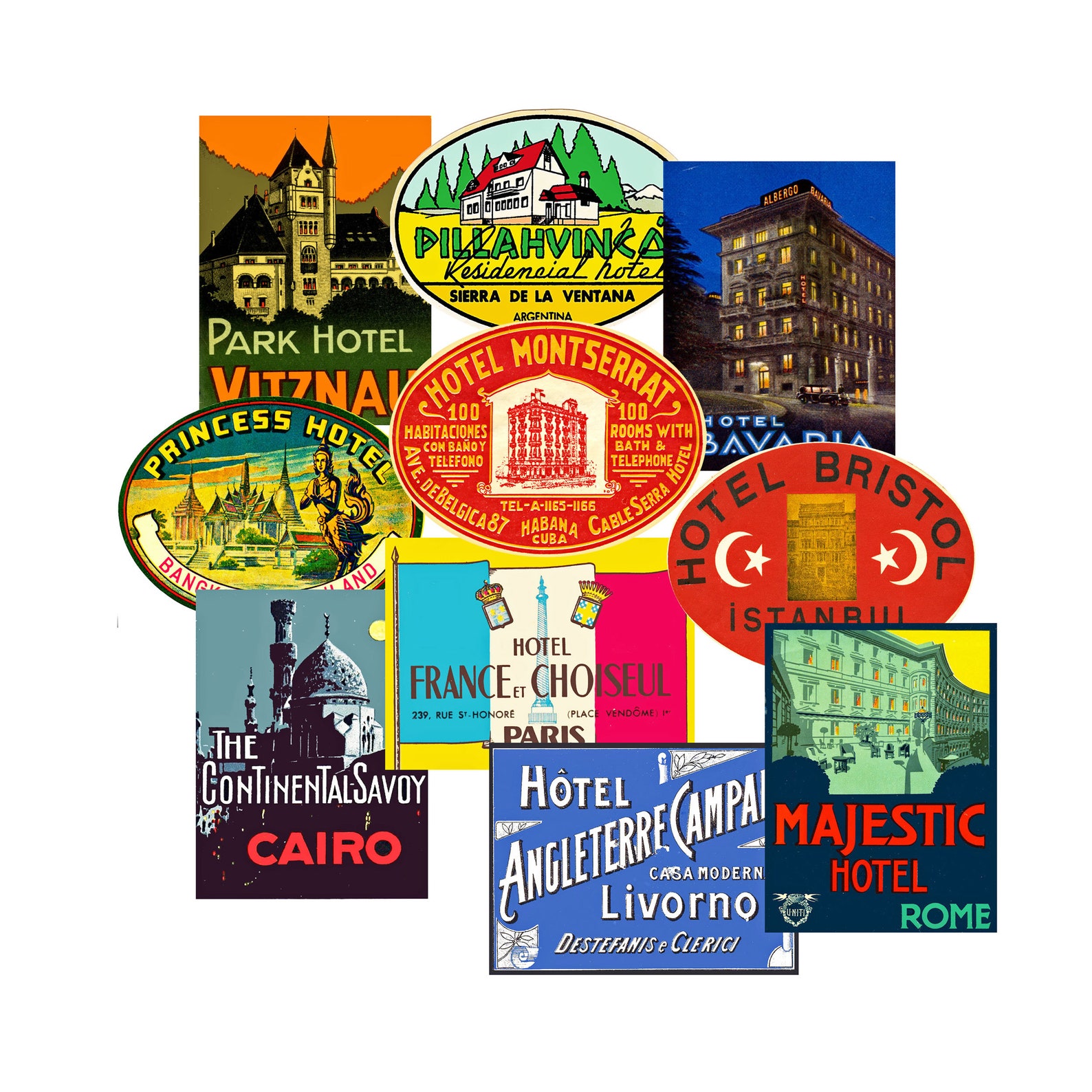 Luggage Label Stickers, Steamer Trunks, Set of 10 Big & Colorful Golden ...