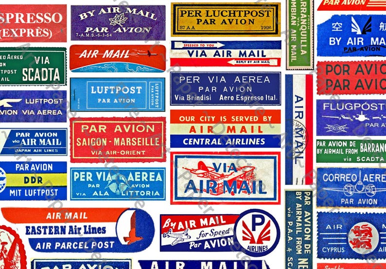 Airmail Labels, REAL STICKERS, World Air Mail Tags, Aviation Clip Art ...