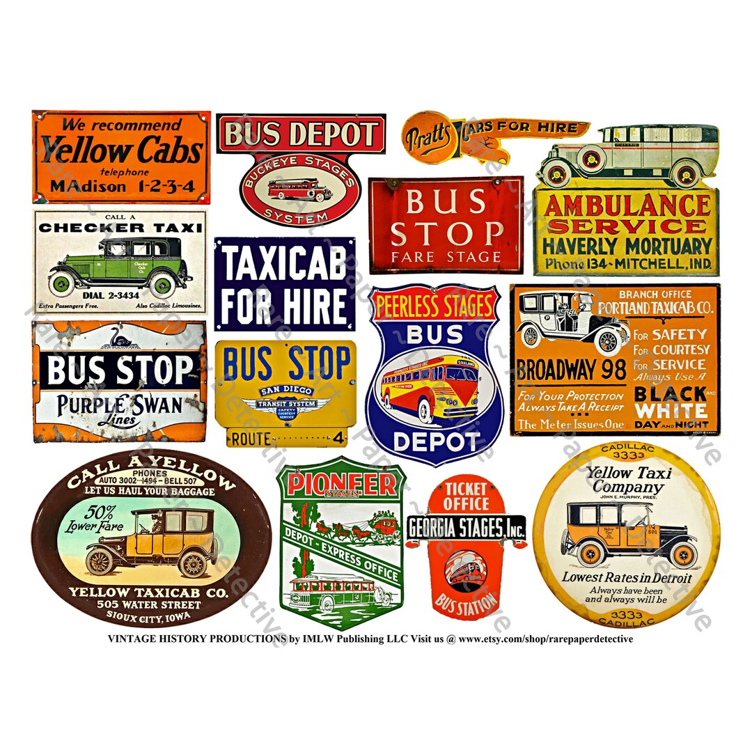 Bus Depot and Taxi Cab Signs, Sticker Sheet, Vintage Motor Coach Stop ...